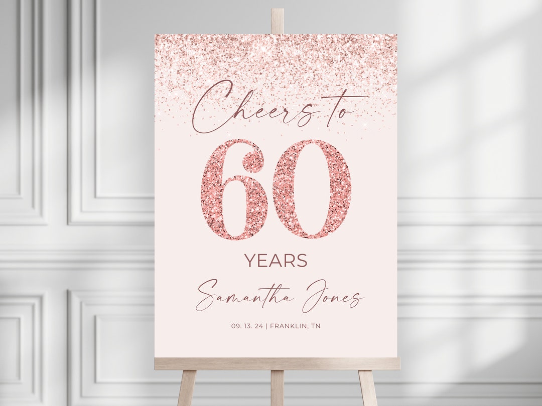 Rose Gold 60th Sixty Birthday Party Welcome Sign, Editable Sign ...