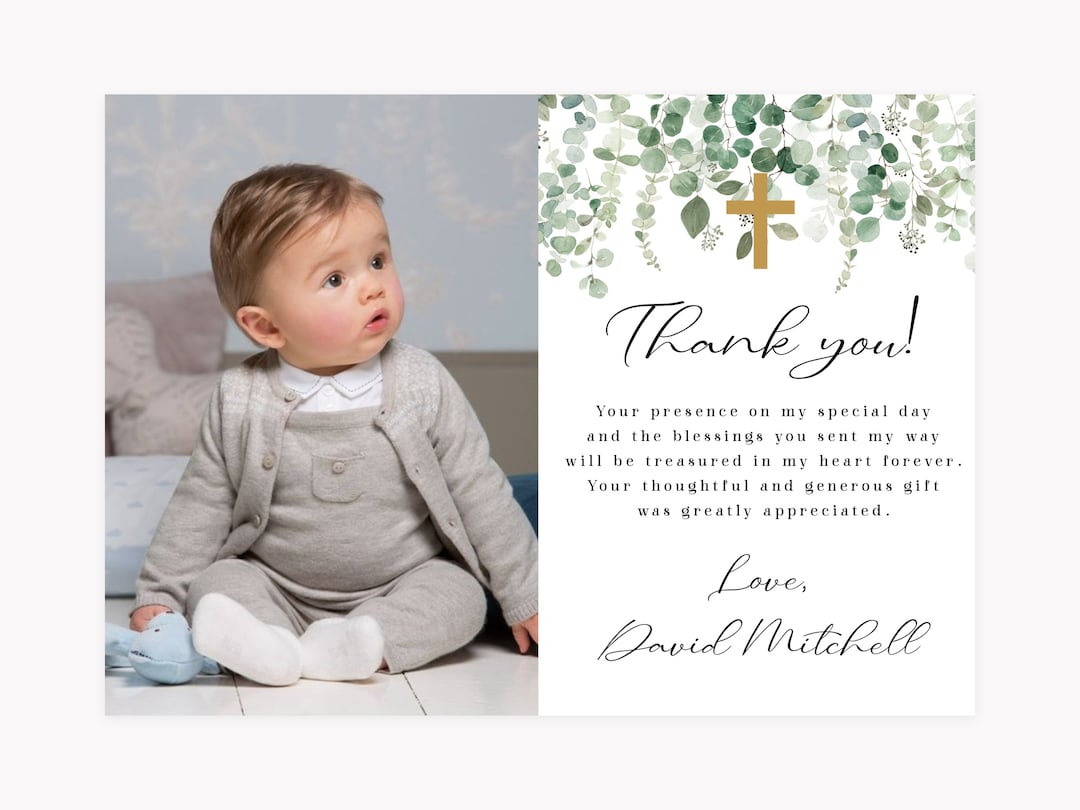 Baptism Thank You Card, Greenery Baptism, Eucalyptus, Baptism Thank You ...