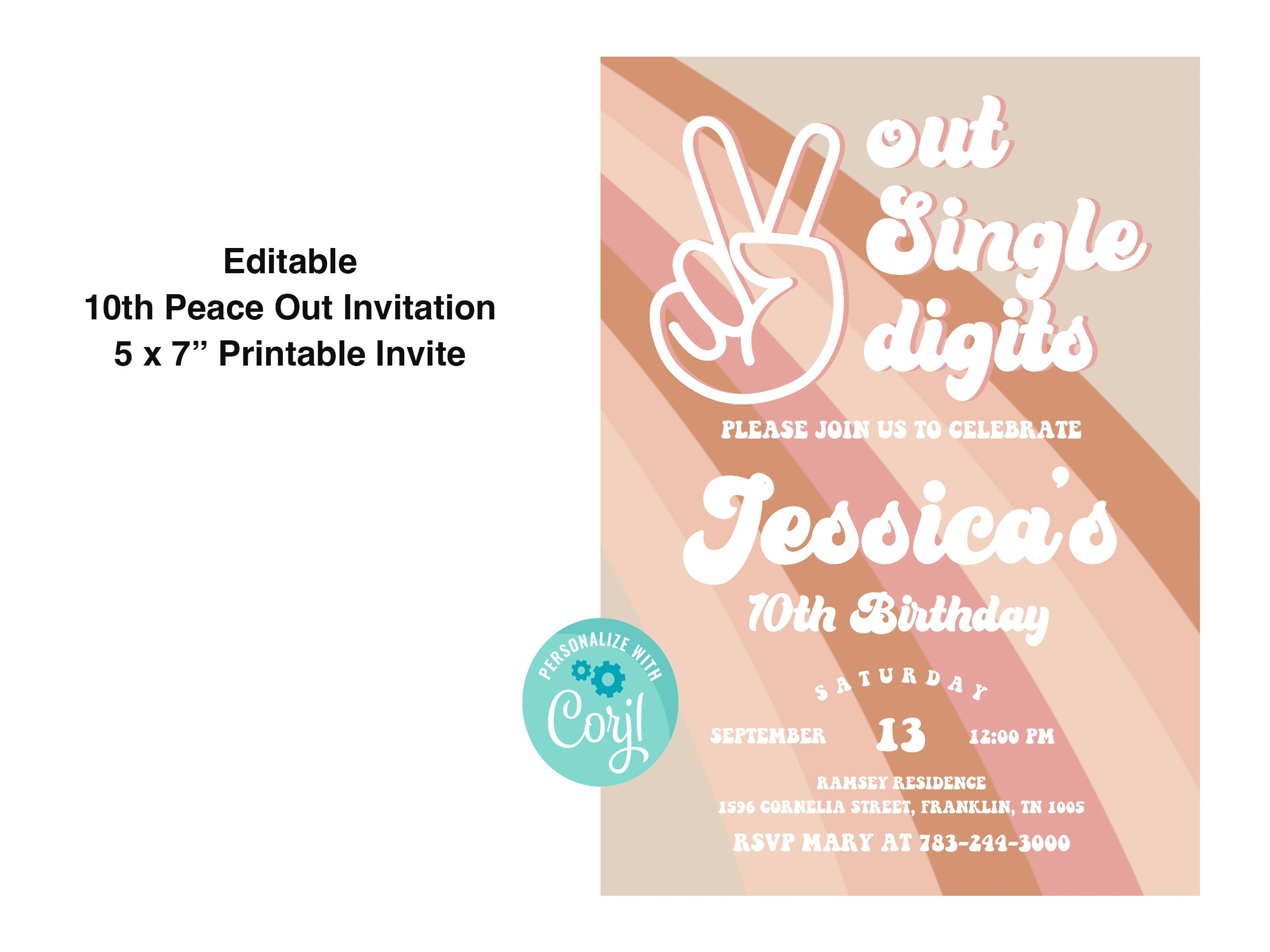 Editable Peace Out Single Digits Invites Fall Groovy 10th Birthday ...