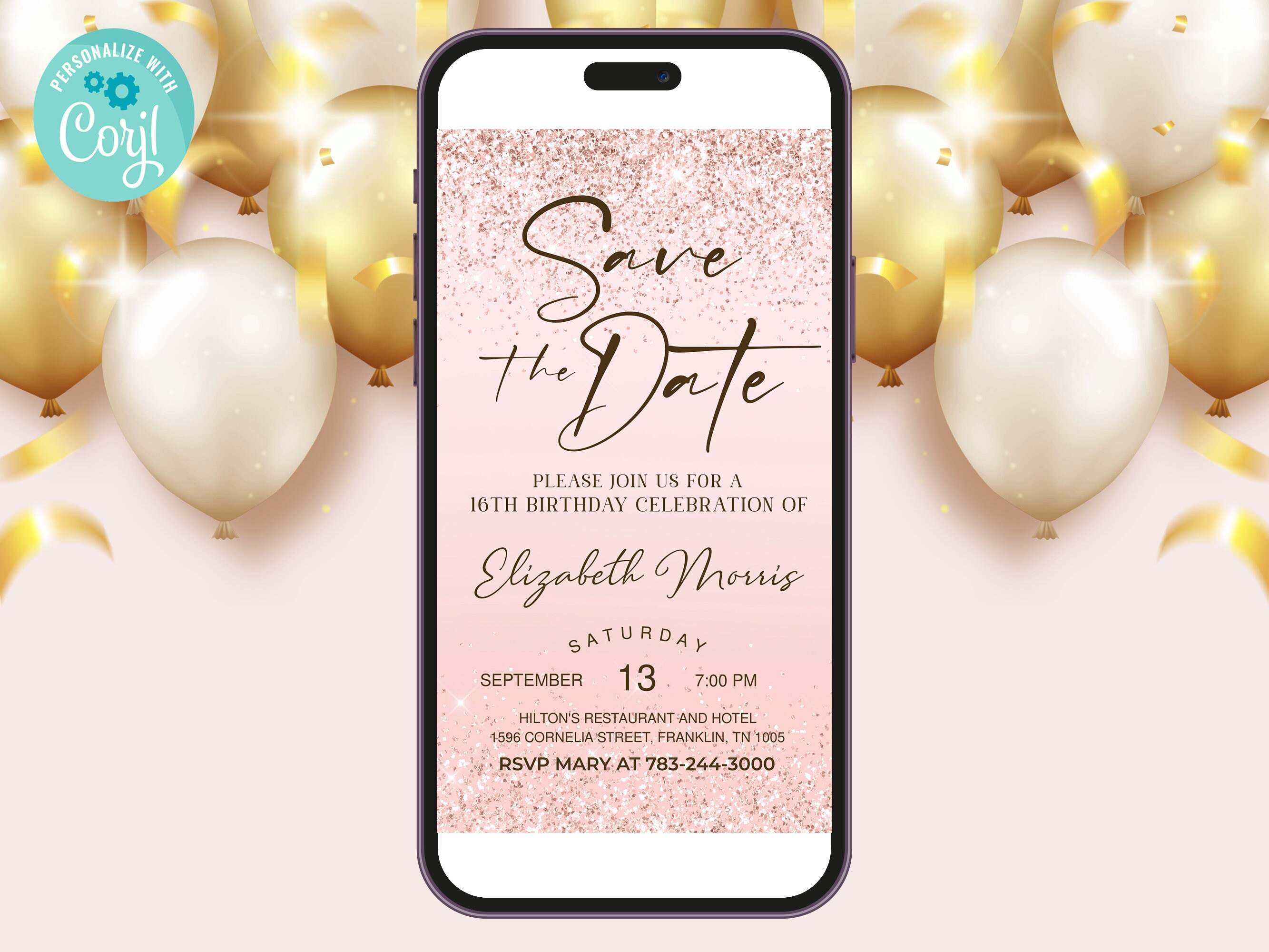 16th Save the Date Rose Gold Glitter Editable Birthday Invitation ...
