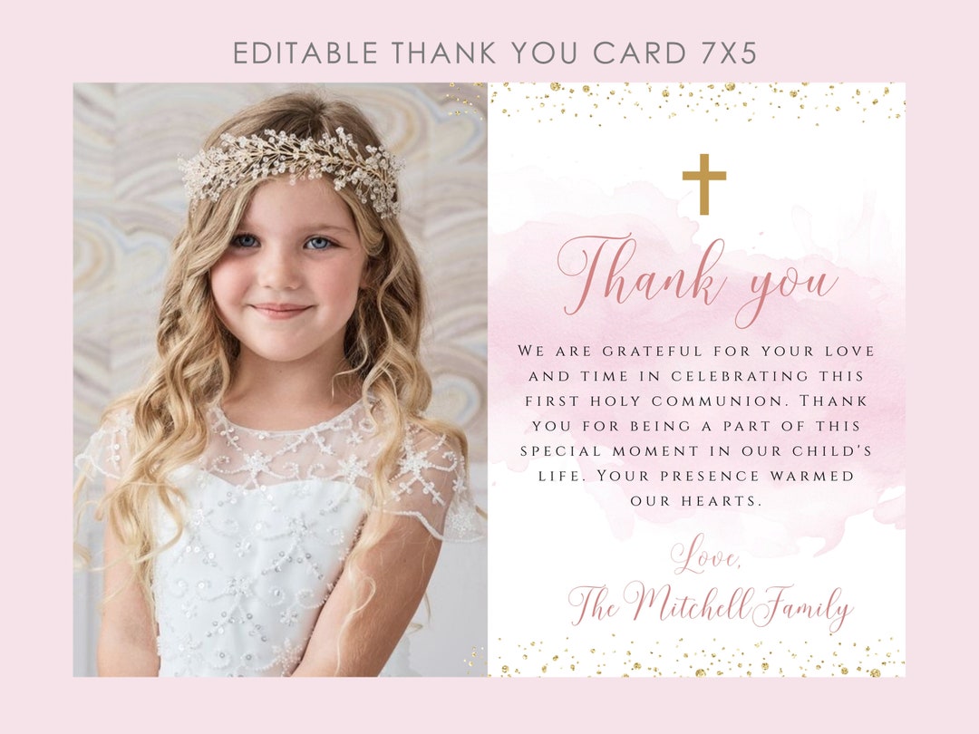 Pink First Holy Communion Thank You Card Template With Photo Floral ...