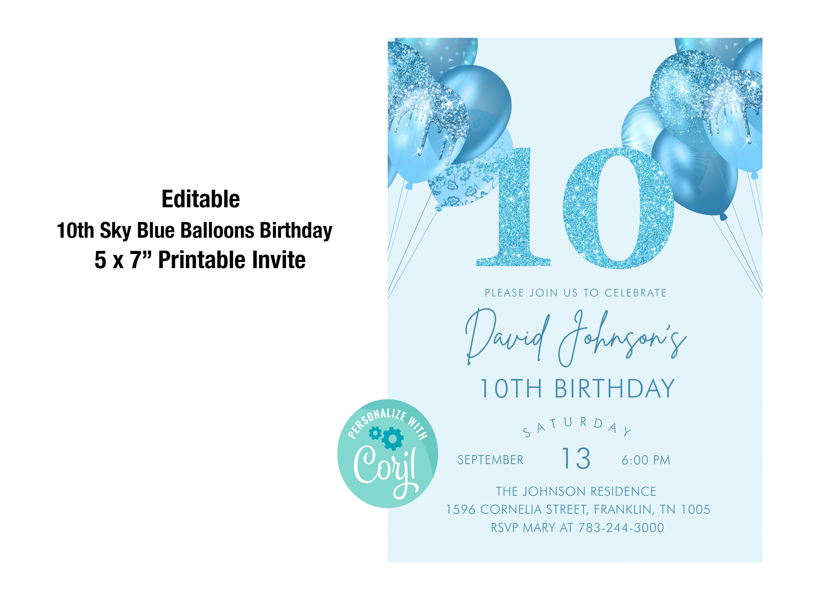 Editable Sky Blue Balloons Birthday Party Invitation, Party Invitation ...