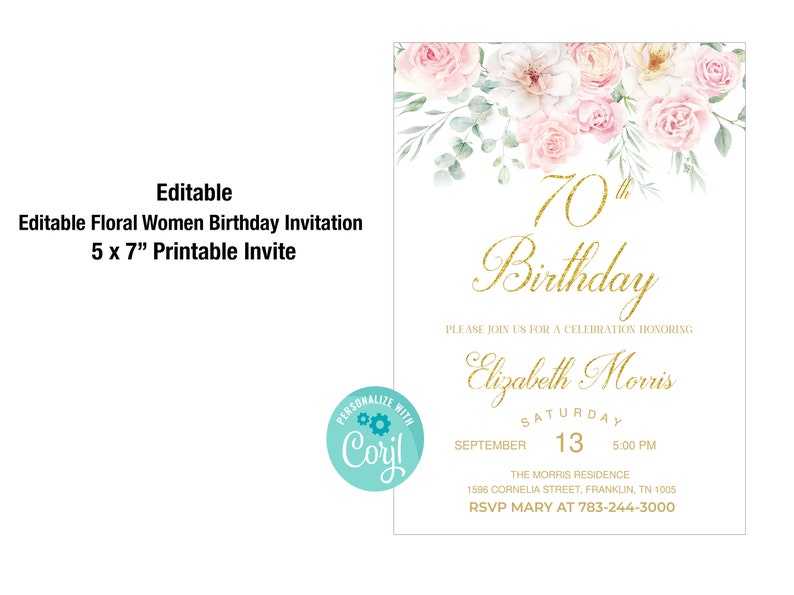 Editable 70th Birthday Invitation Women Floral Birthday Etsy