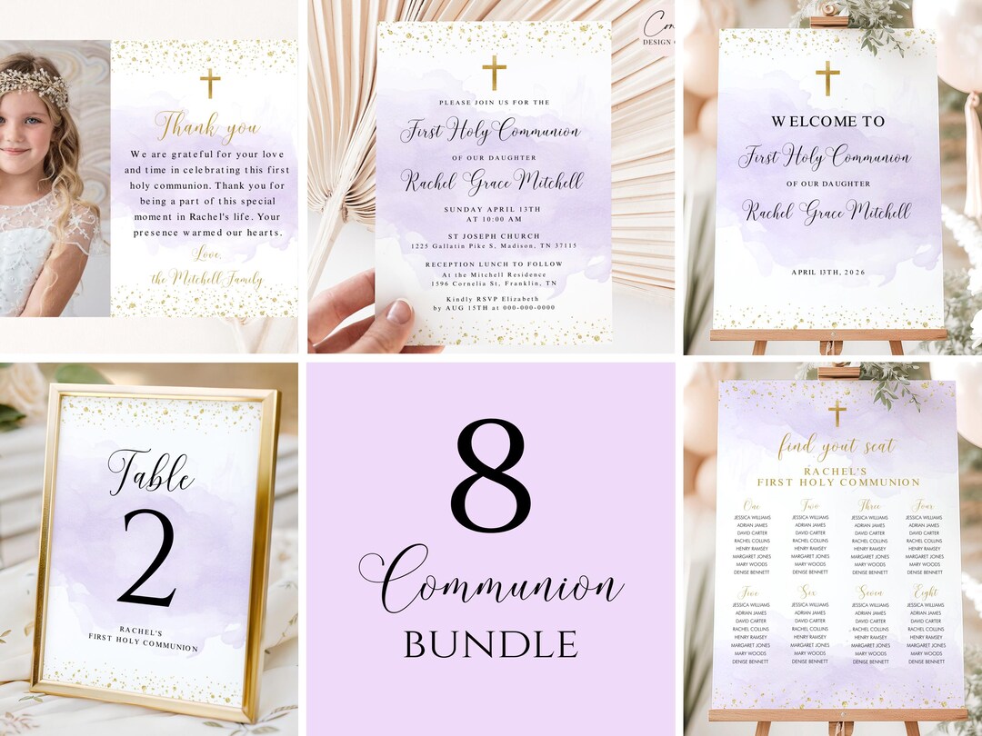 Purple First Holy Communion Invitation Bundle, Violet Floral Watercolor ...