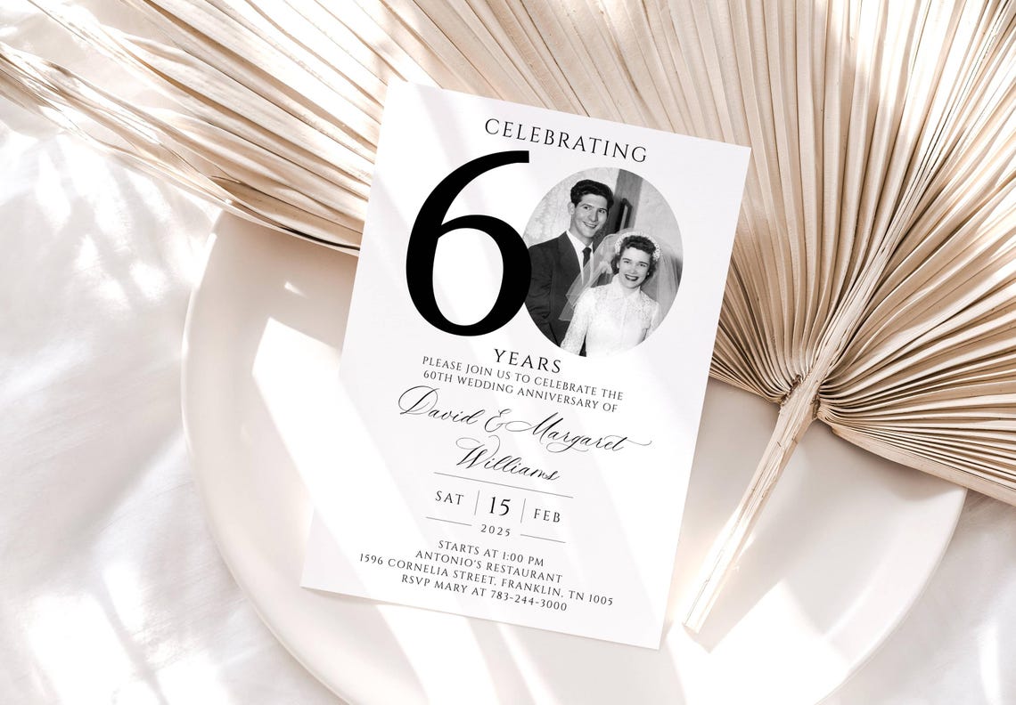 60th Wedding Anniversary Invitation, Golden Anniversary Photo ...