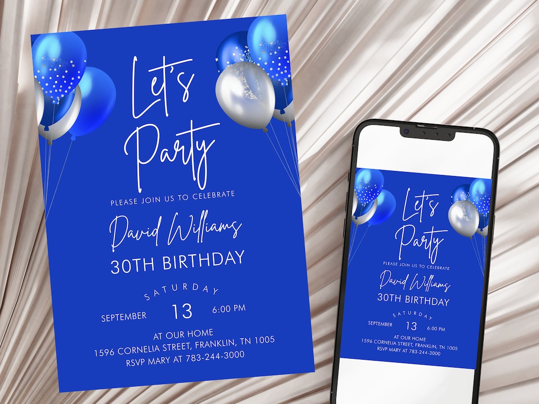 Editable Blue Balloons Birthday Invitation, Printable Birthday Party ...