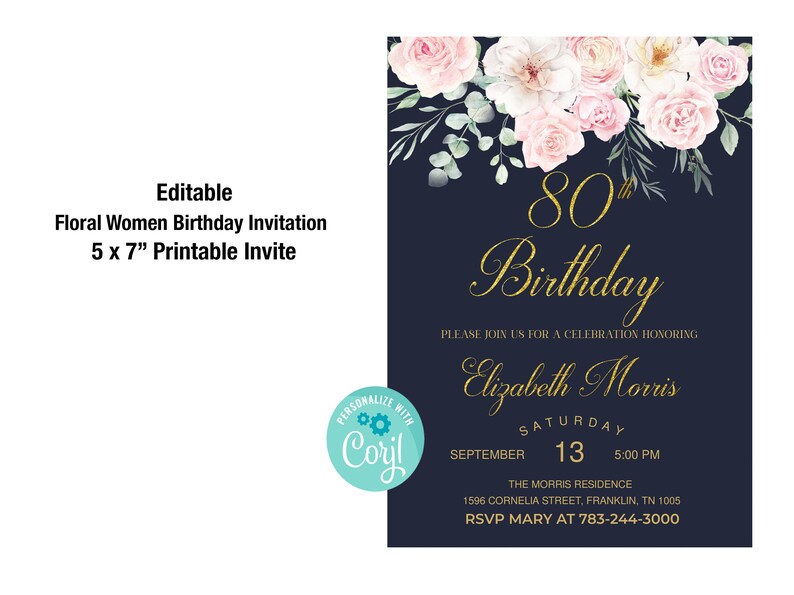 Editable 80th Birthday Invitation Women Floral Birthday - Etsy