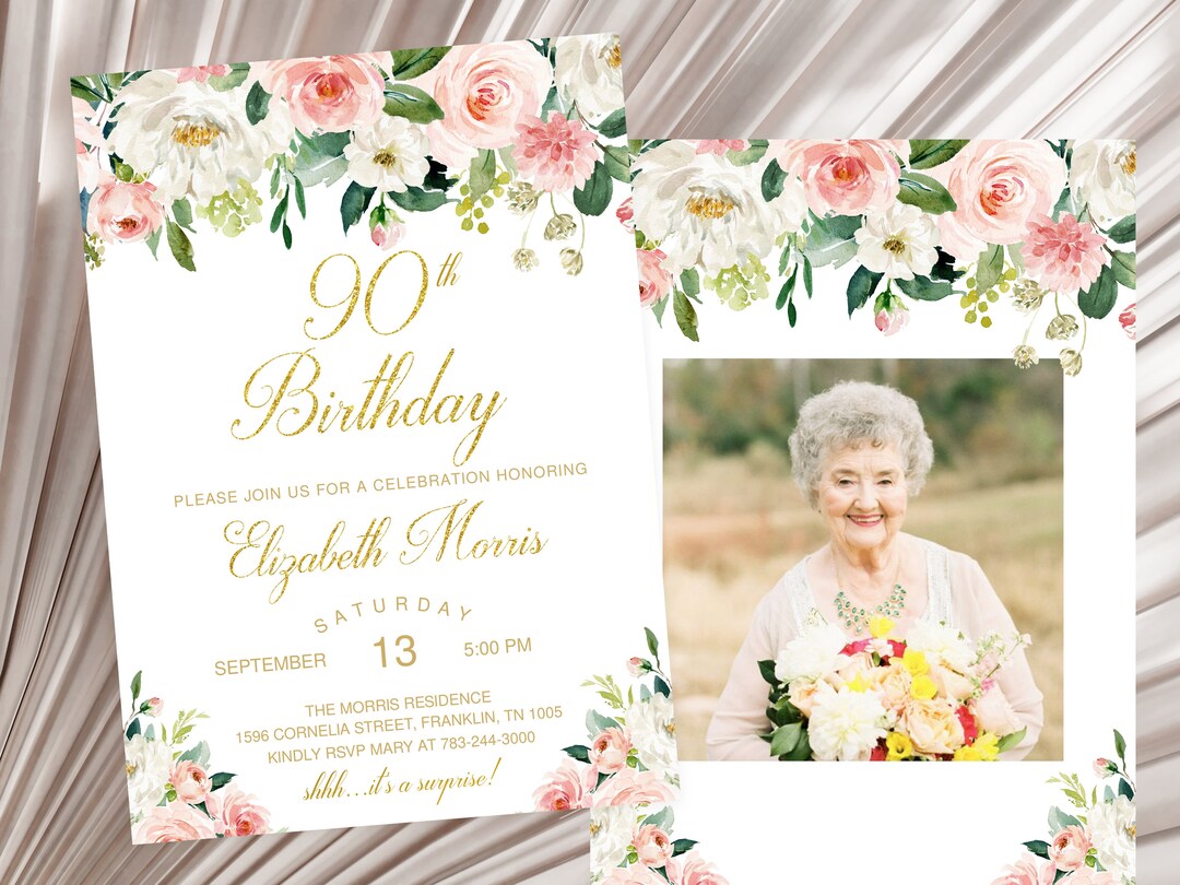 90th Birthday Invitation, Floral Birthday Invitation, Editable, Blush ...
