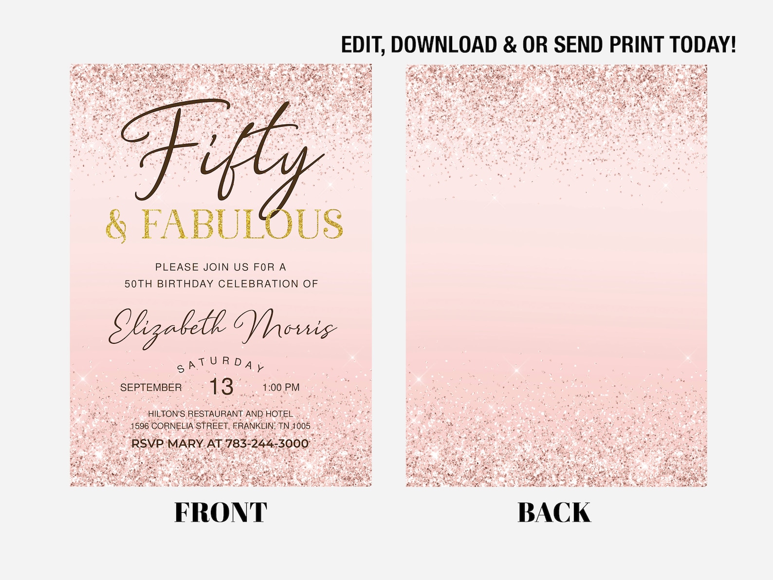 50th Birthday Invitation Printable Rose Gold Fifty and Fabulous Dinner ...