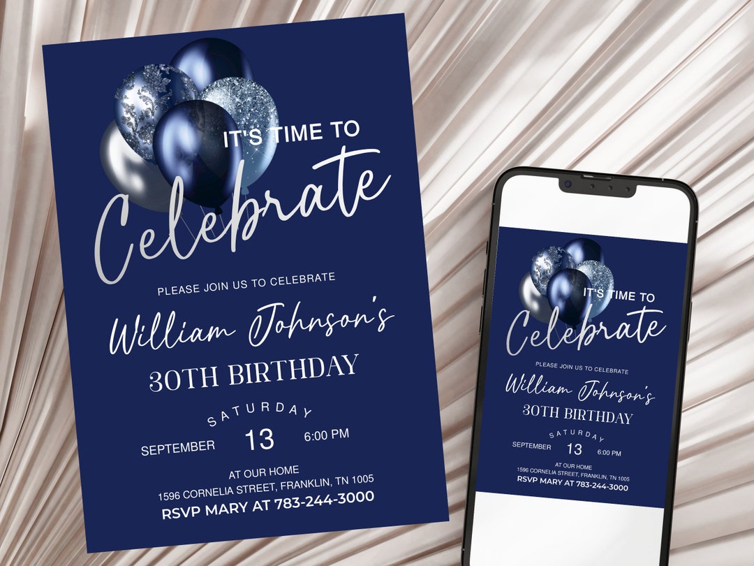 Editable Navy Blue Silver Birthday Invitation, Printable Birthday Party ...