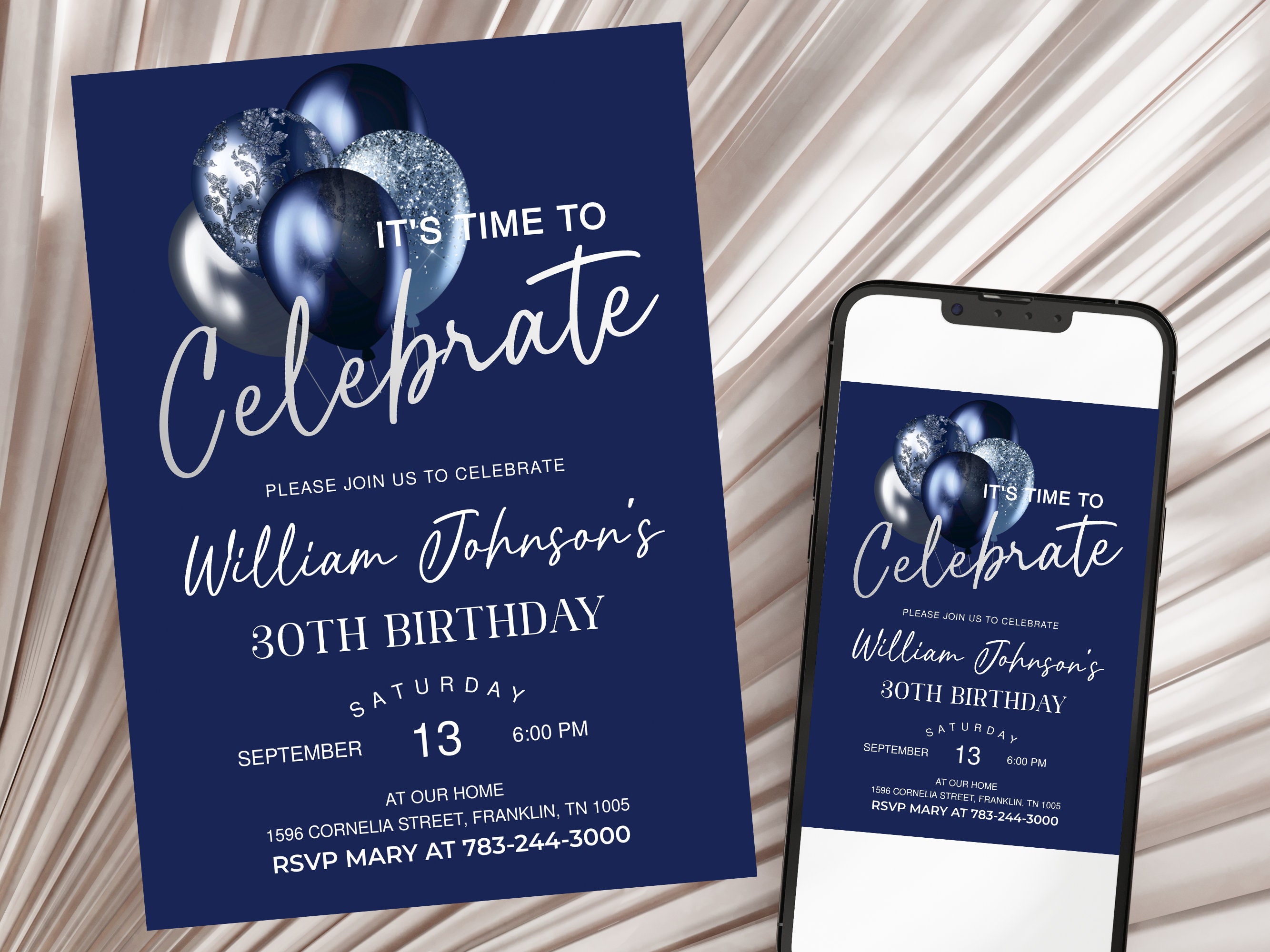 Editable Navy Blue Silver Birthday Invitation, Printable Birthday Party ...