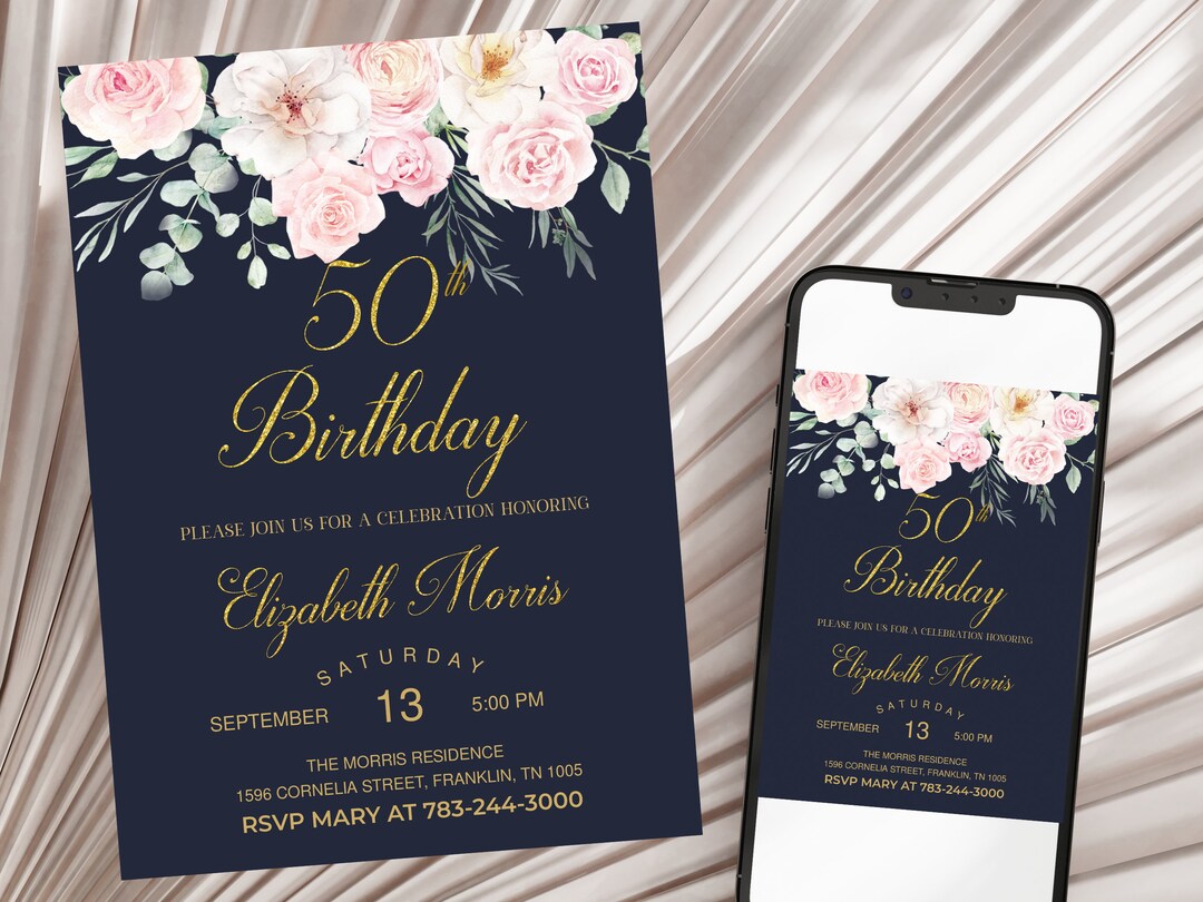 Editable 50th Birthday Invitation, Women Floral Birthday Invitation ...