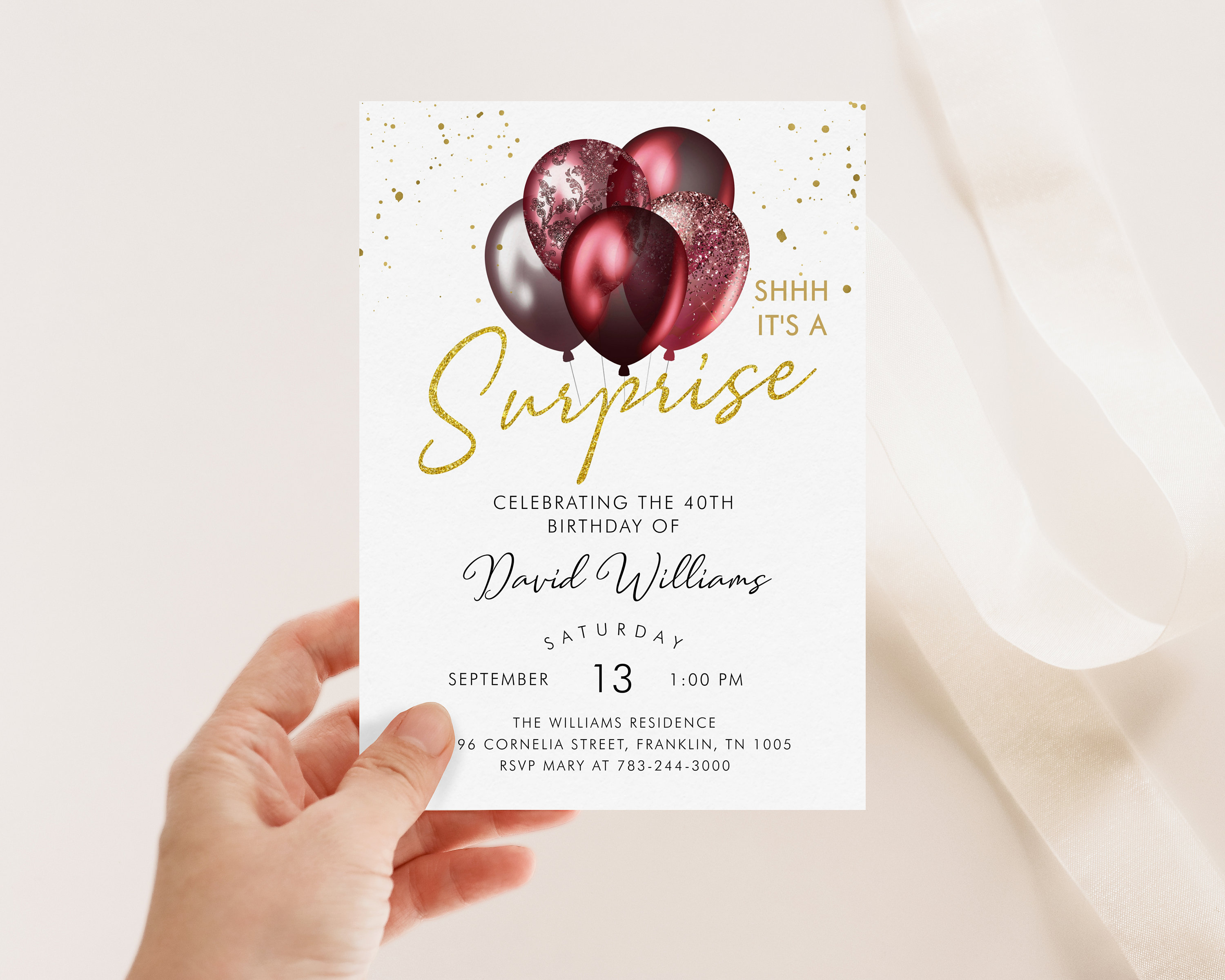 Birthday Invitation Balloons Printable Shhh Its a Surprise Party Invite ...