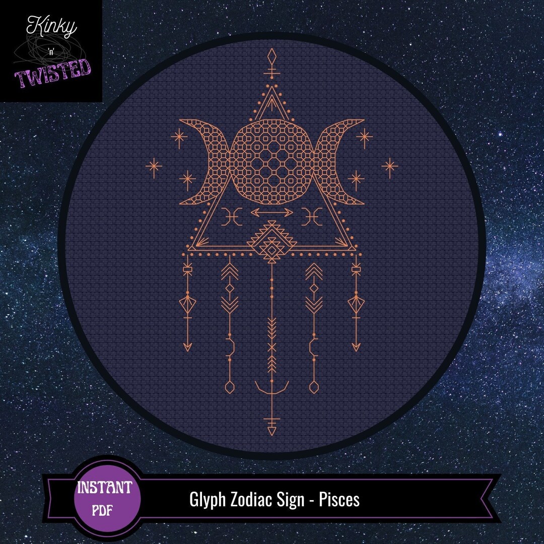 Pisces Magical Glyph Black Work Pattern, Pisces Birth Sign Cross Stitch ...