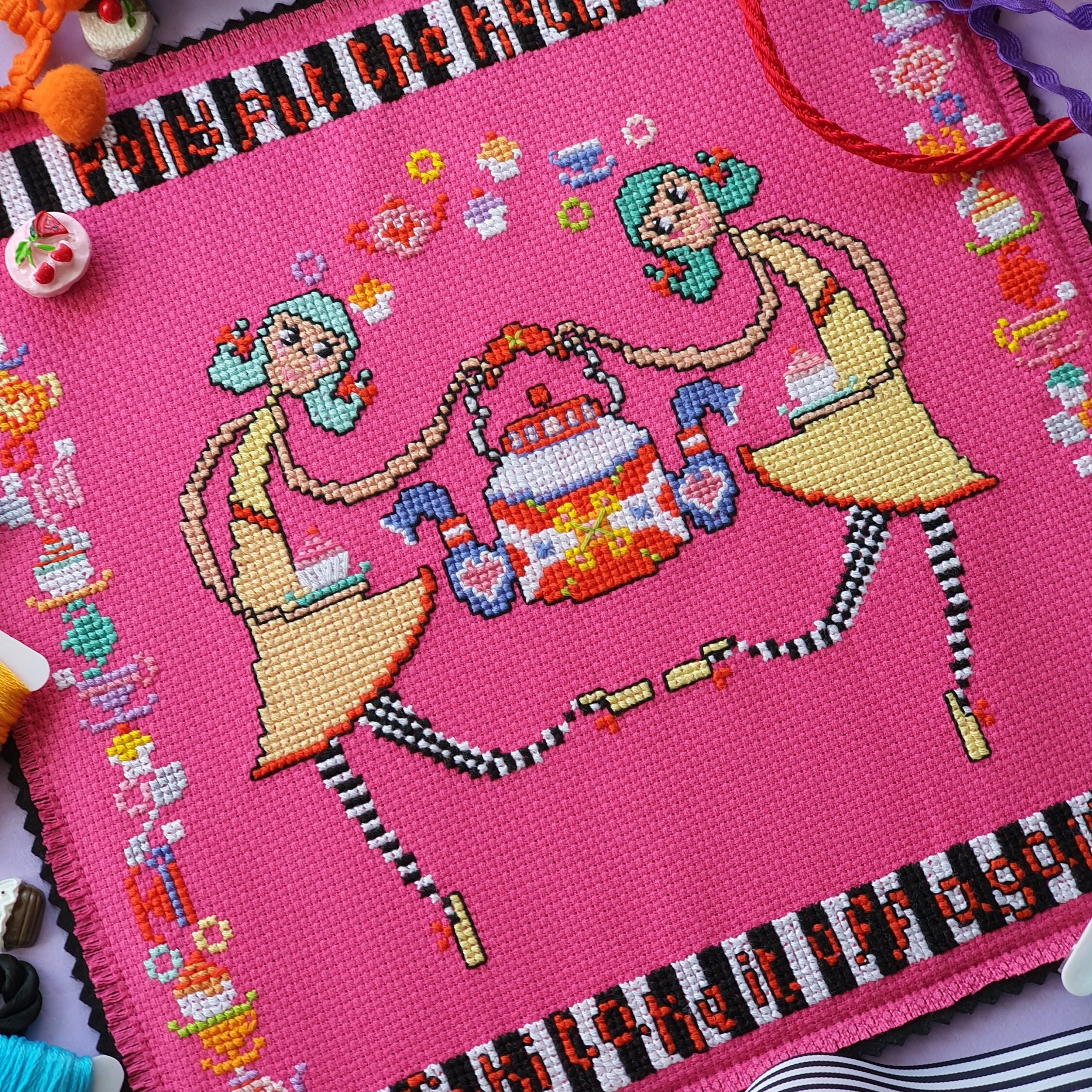 Polly Put the Kettle on Cross Stitch Pattern, Nursery Rhyme Embroidery ...