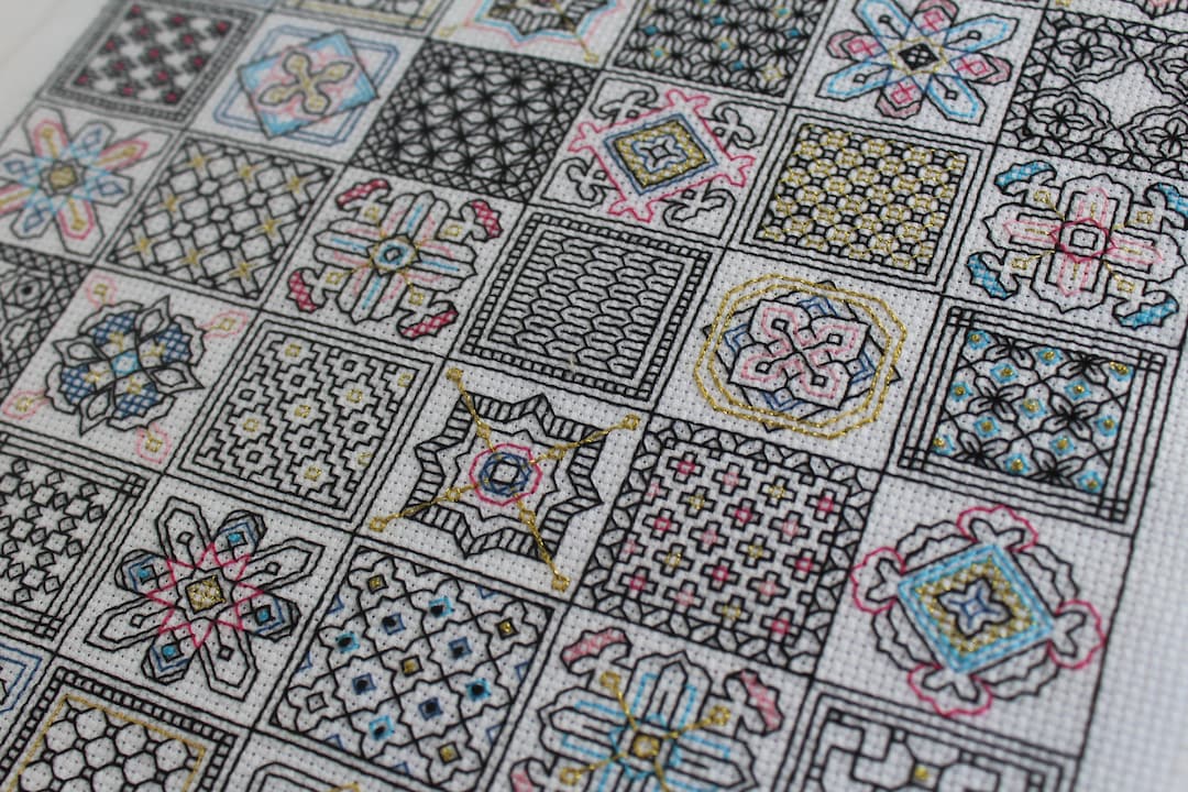 Moroccan Tile Journey in Blackwork Embroidery Pattern, Modern Bohemian ...