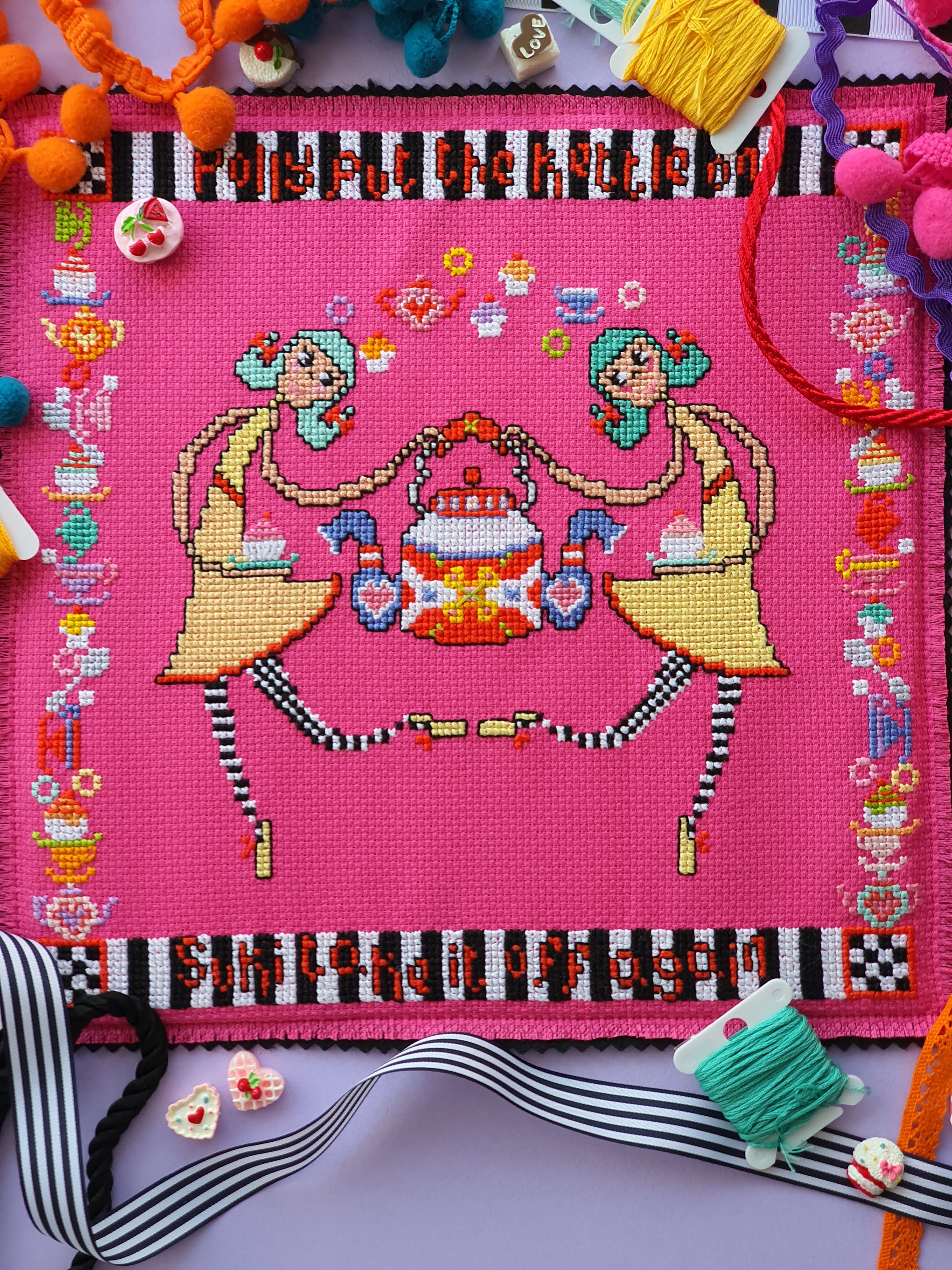 Polly Put the Kettle on Cross Stitch Pattern, Nursery Rhyme Embroidery ...