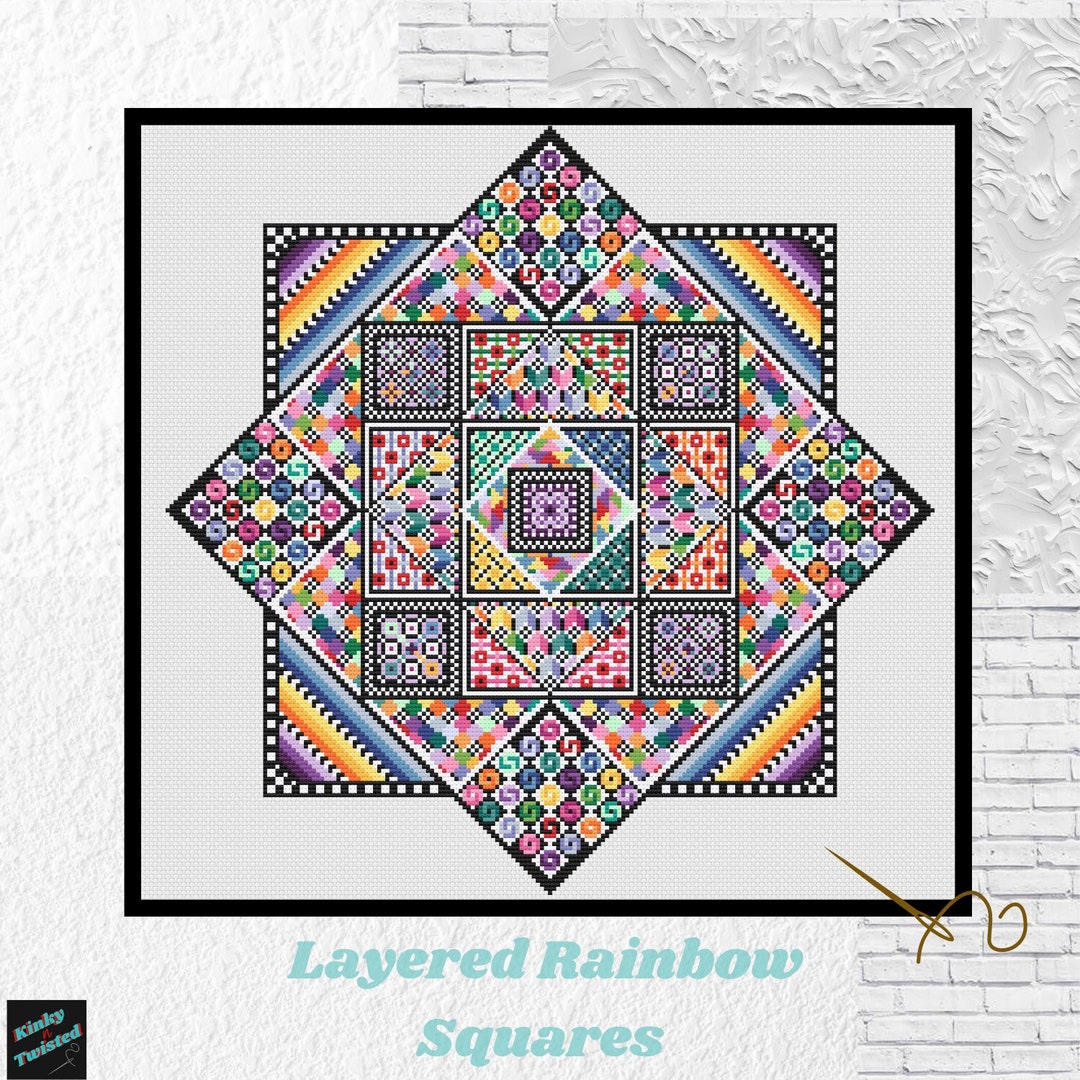 Layered Rainbow Squares Cross Stitch Pattern, Modern Colourful Textile Art, Geometric Cross ...