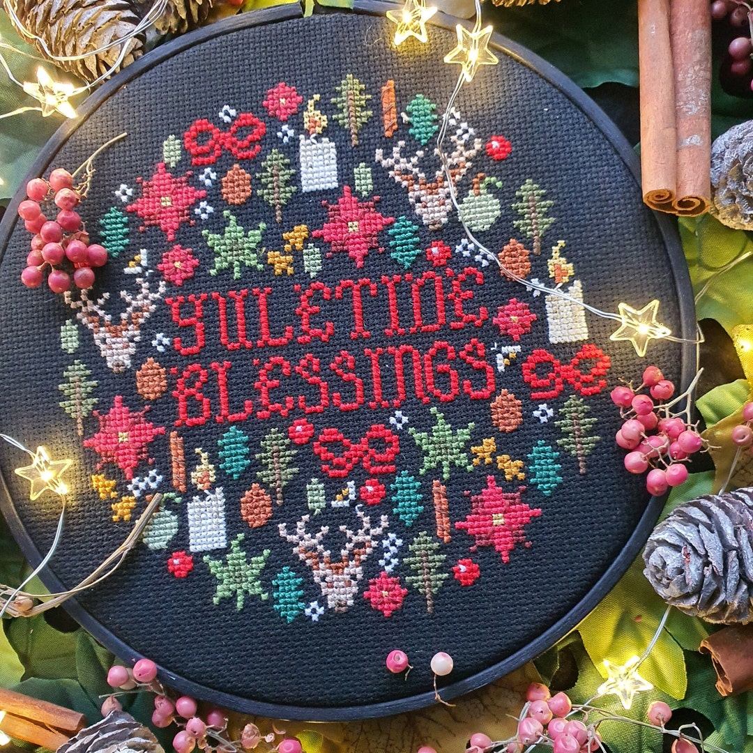 Yuletide Blessings Cross Stitch Pattern, Festive Wiccan Yule Embroidery ...