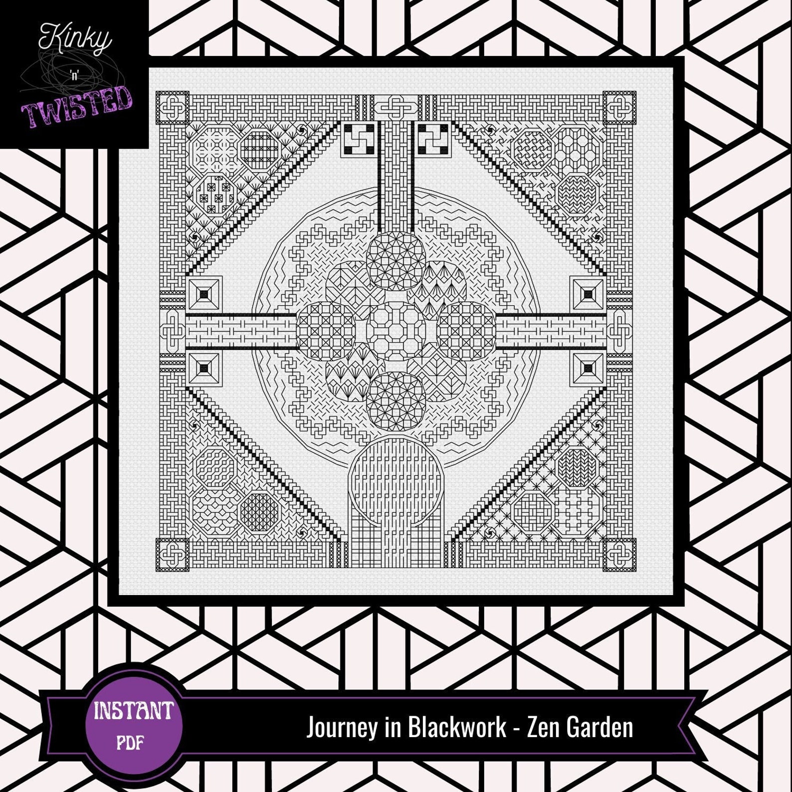 Japanese Zen Garden Blackwork Embroidery Pattern, Modern Journey in ...