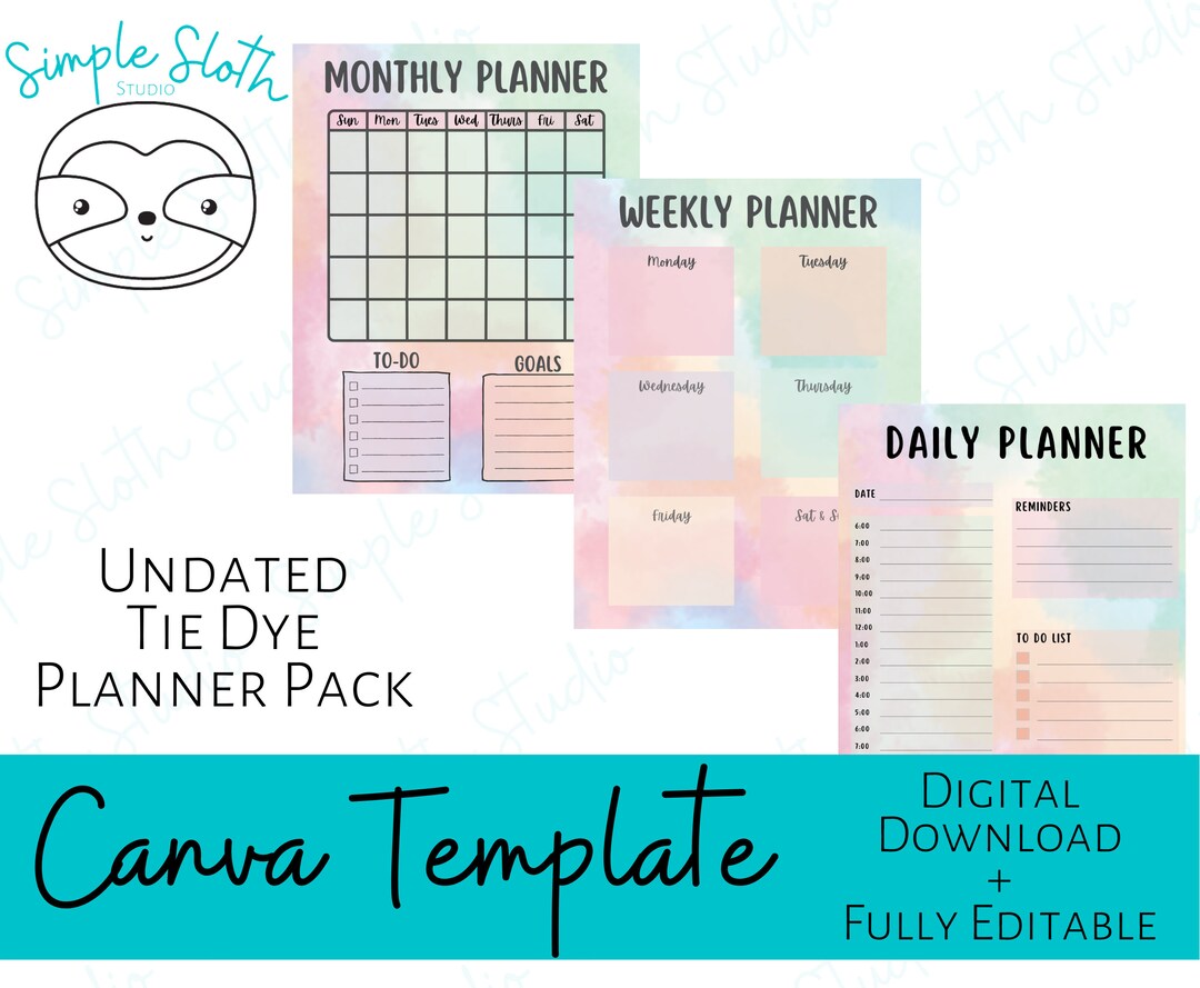 Undated Tie Dye Planner Pack Editable Template - Etsy
