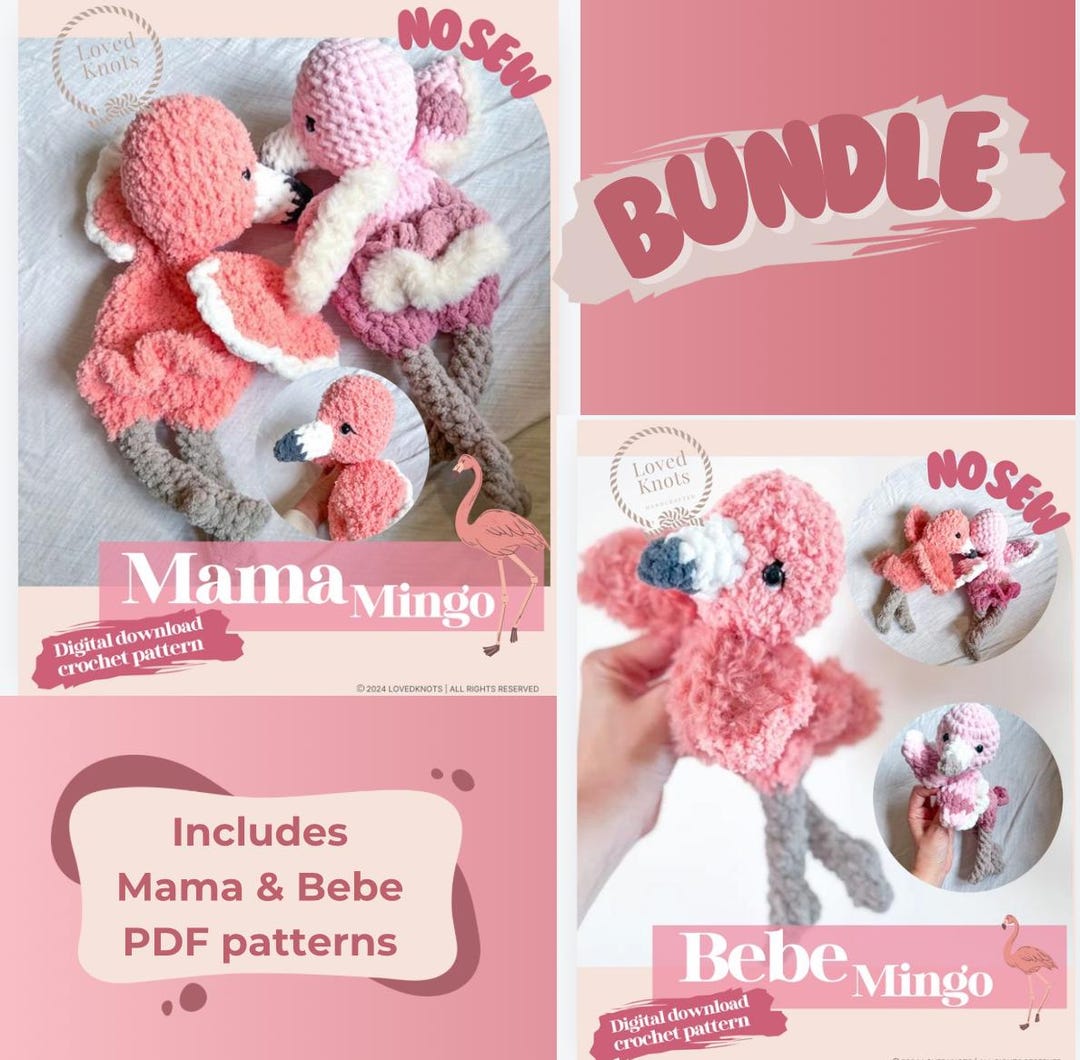 Crochet Flamingo Pattern: Mama & Bebe Mingo Bundle, No Sew Amigurumi ...