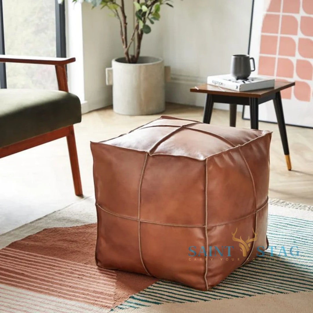 Amazing Square Ottoman Pouffe Moroccan Leather, Ottoman Square Pouf, Light Tan Handmade Square ...