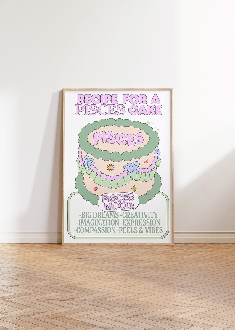 Pisces Cake DIGITAL Print Zodiac Star Sign Poster Illustration - Etsy