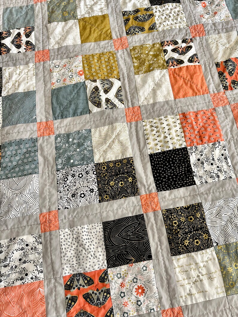 Handmade Patchwork Quilt: Coral, Gray, Blue & Gold Cotton Blanket (60 ...