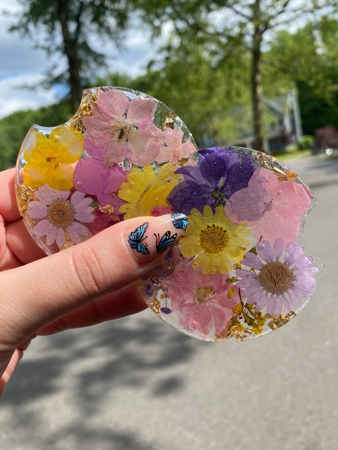 Pressed Flower Car Coasters, Set of 2, Floral Car Coasters, Car ...
