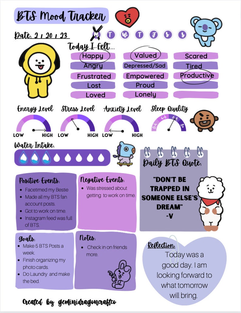 BT21 Mood Tracker BTS Mood Tracker Printable Mental Health - Etsy