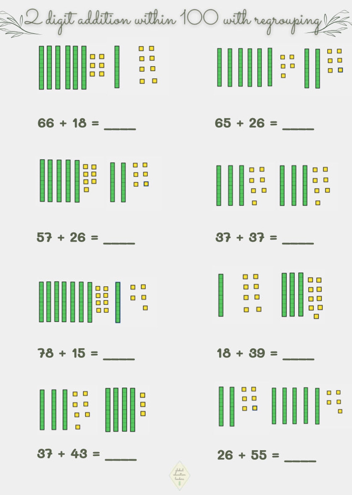 2 Digit Addition and Subtraction Practice Bundle Using Base Ten Blocks ...