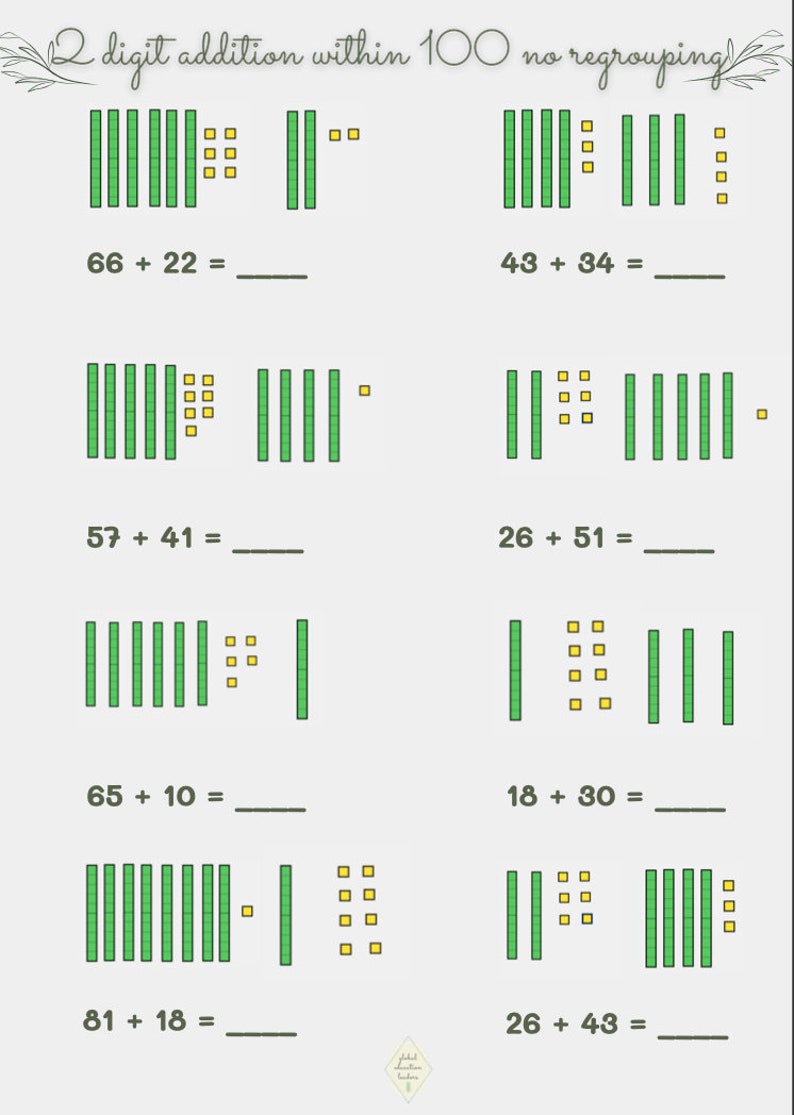 2 Digit Addition and Subtraction Practice Bundle Using Base - Etsy