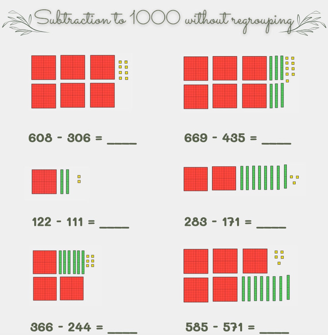 3 Digit Addition And Subtraction Practice Bundle Using Base Ten Blocks