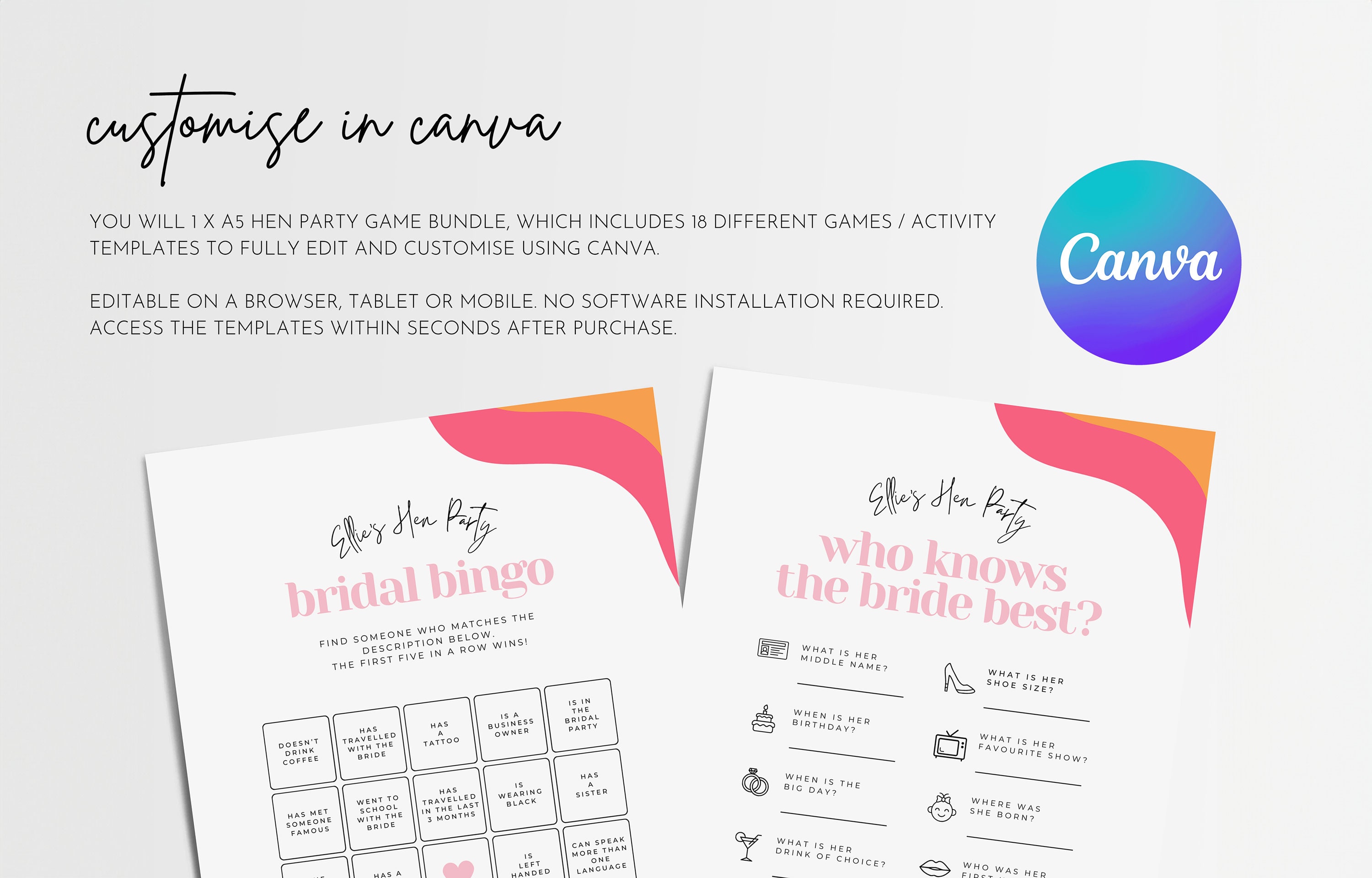 18 X Hen Party Games Bundle | Bridal Shower Activities | Bachelorette ...