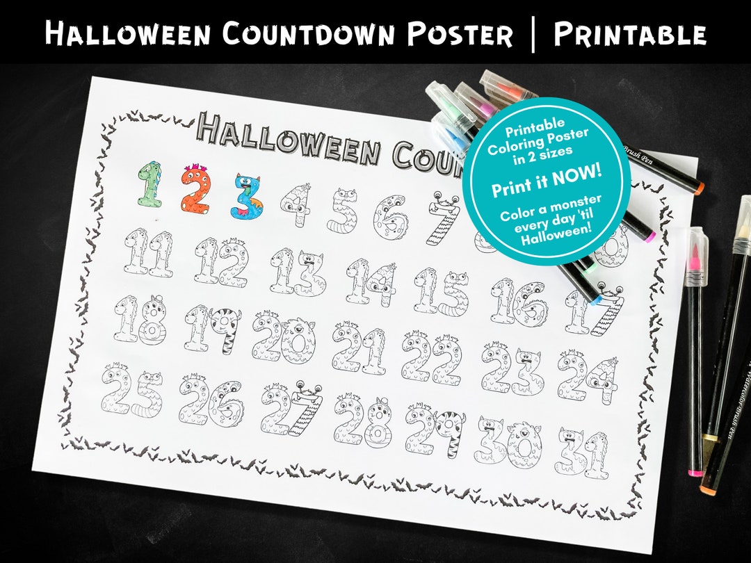 Halloween Countdown Coloring Page, Halloween Printable, Countdown Sign ...