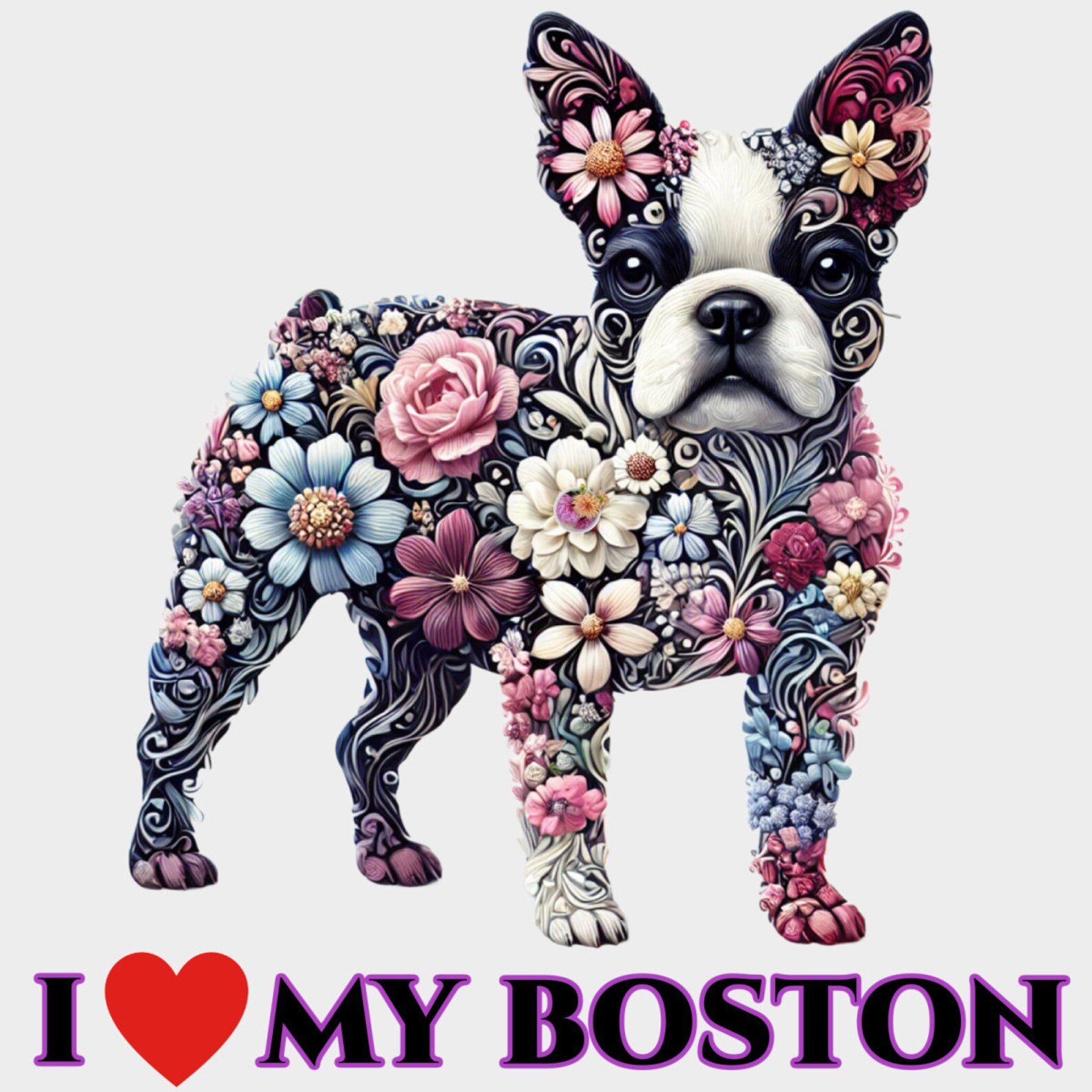 Boston Terrier I Love My Boston PNG Sublimation Design, Floral Dog PNG ...