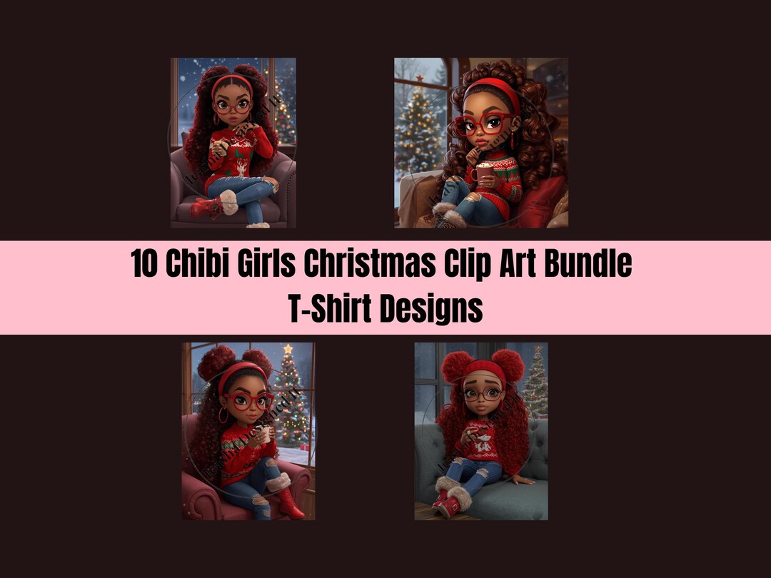Chibi African American Christmas Girls Clipart Bundle (PDF) - Etsy