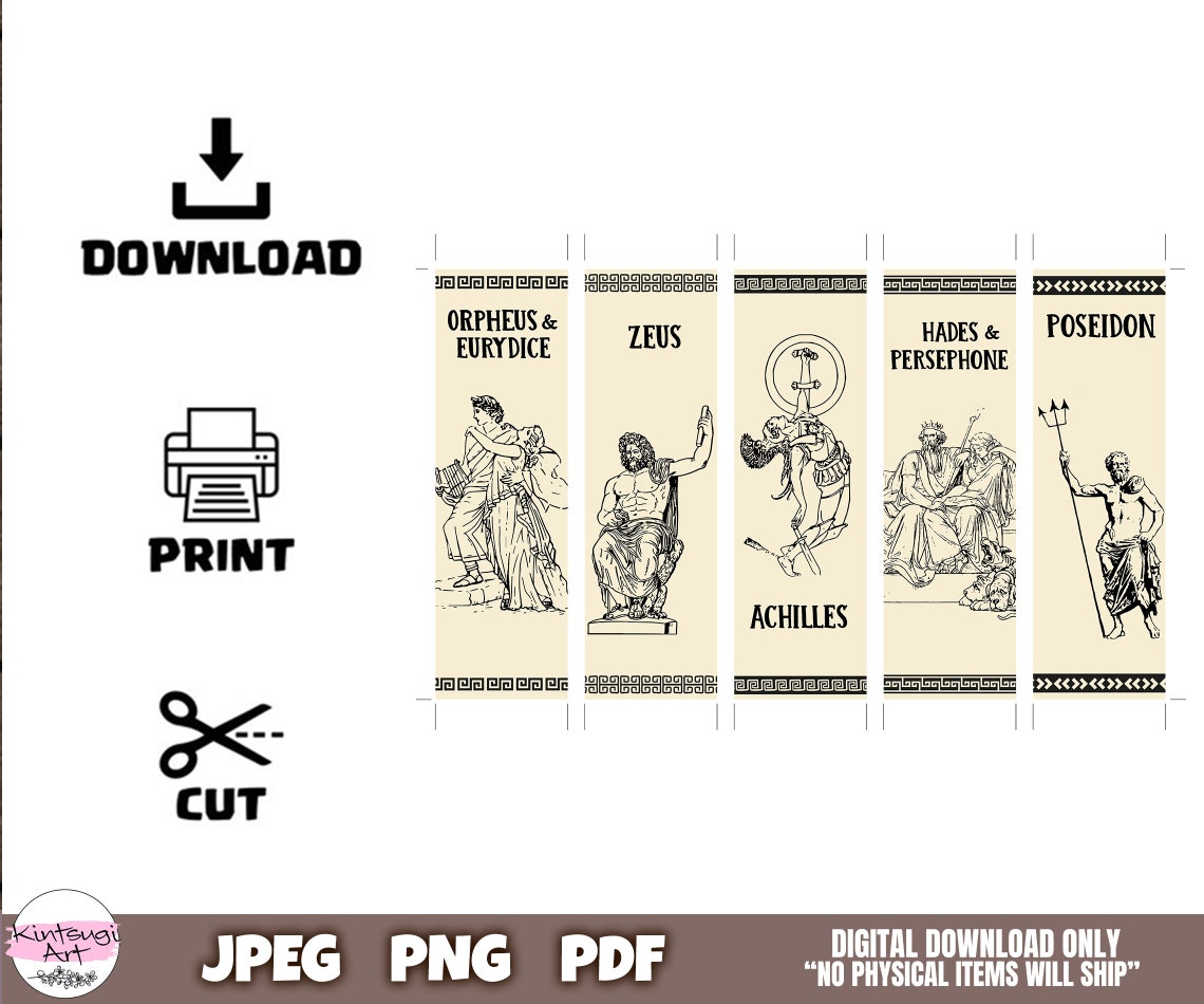Digital Bookmark, Greek Mythology Bookmark achilles, Orpheus, Eurydice ...
