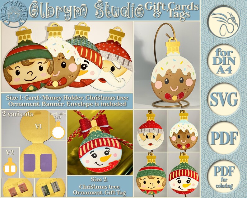 Christmas Tree Ornaments Card, Santa Gingerbread Man Snowman Elf Gift ...