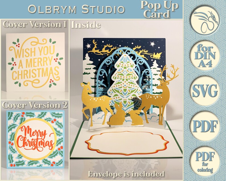 Christmas Forest Pop up Card, Santa Deer and Rabbits Greeting Card ...