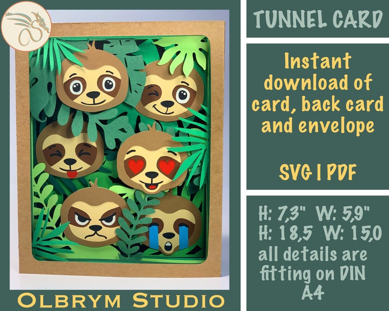 Sloths Emoji Tunnel Card 3D Digital Template, SVG and PDF for Instant ...