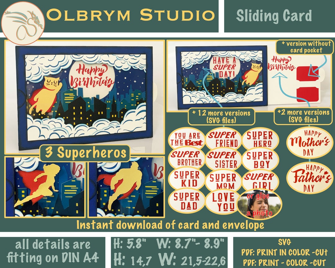 Superhero Sliding Card, Happy Birthday, Fathers Day, Mothers Day, Super ...