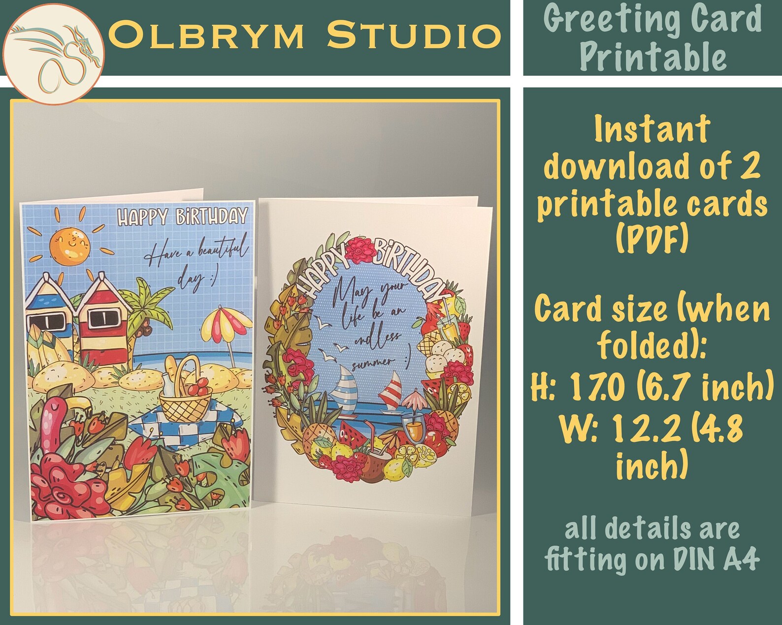 Picnic on the Beach Happy Birthday Greeting Card Printable, Tropical ...