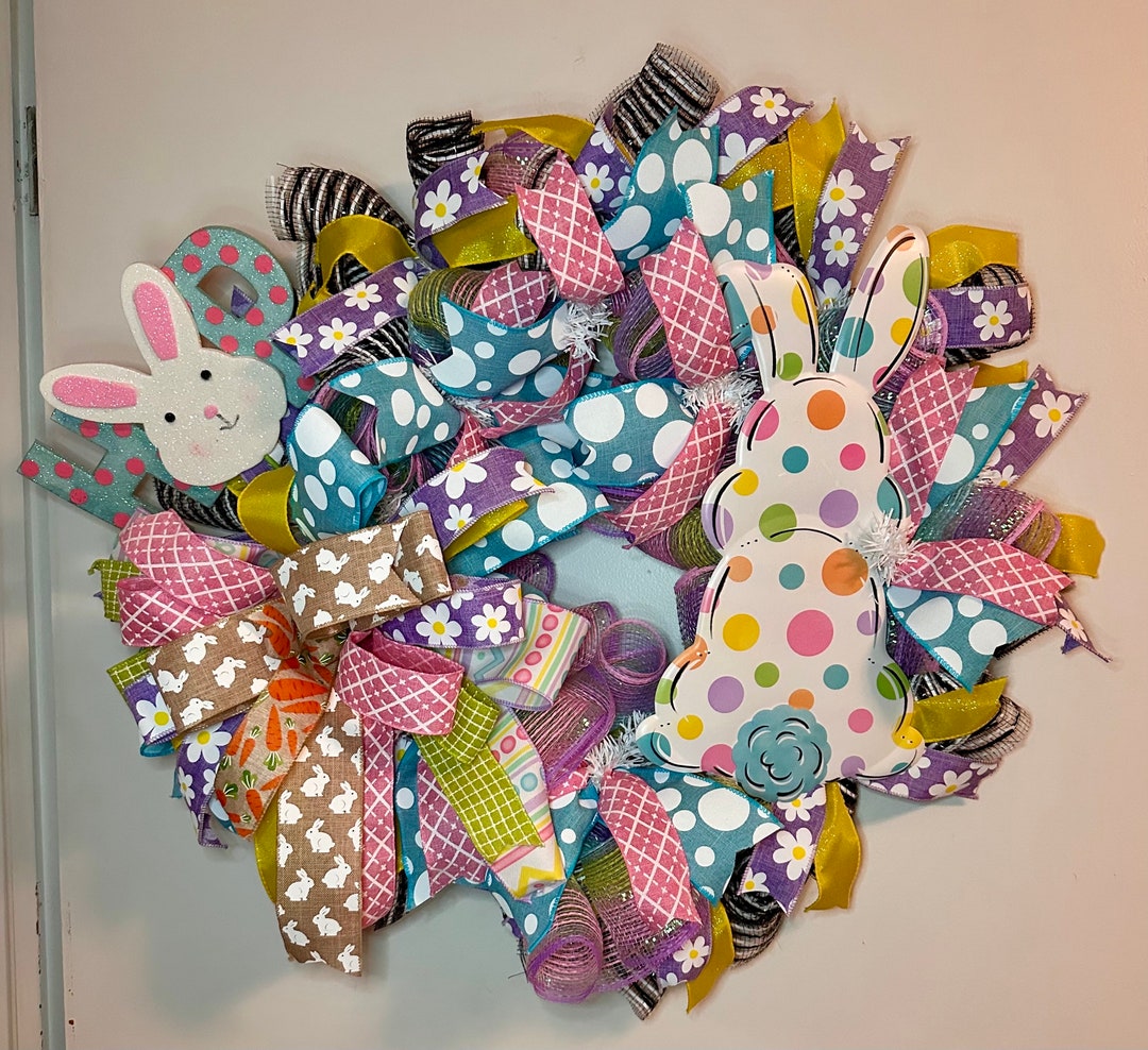 Cute Easter Bunny Front Door Wreath, Polka Dot Easter Wreath, Rabbit ...