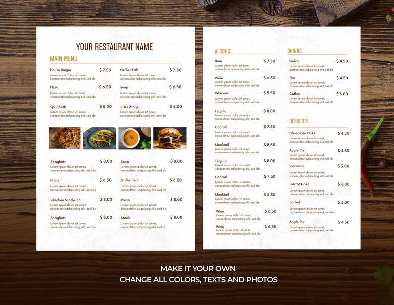Restaurant Menu Template Double Sided - Etsy
