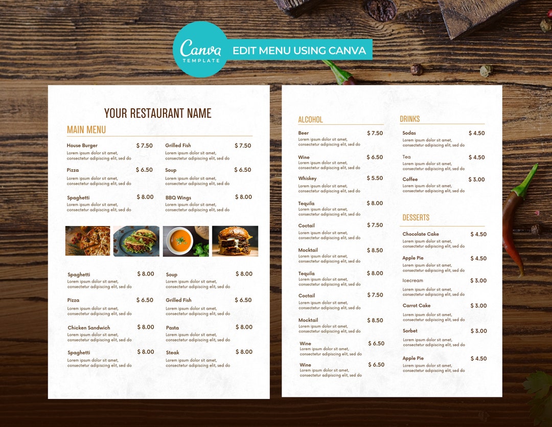 Restaurant Menu Template Double Sided - Etsy