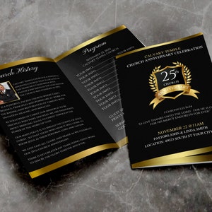 Church Anniversary Program Black and Gold Template - Etsy