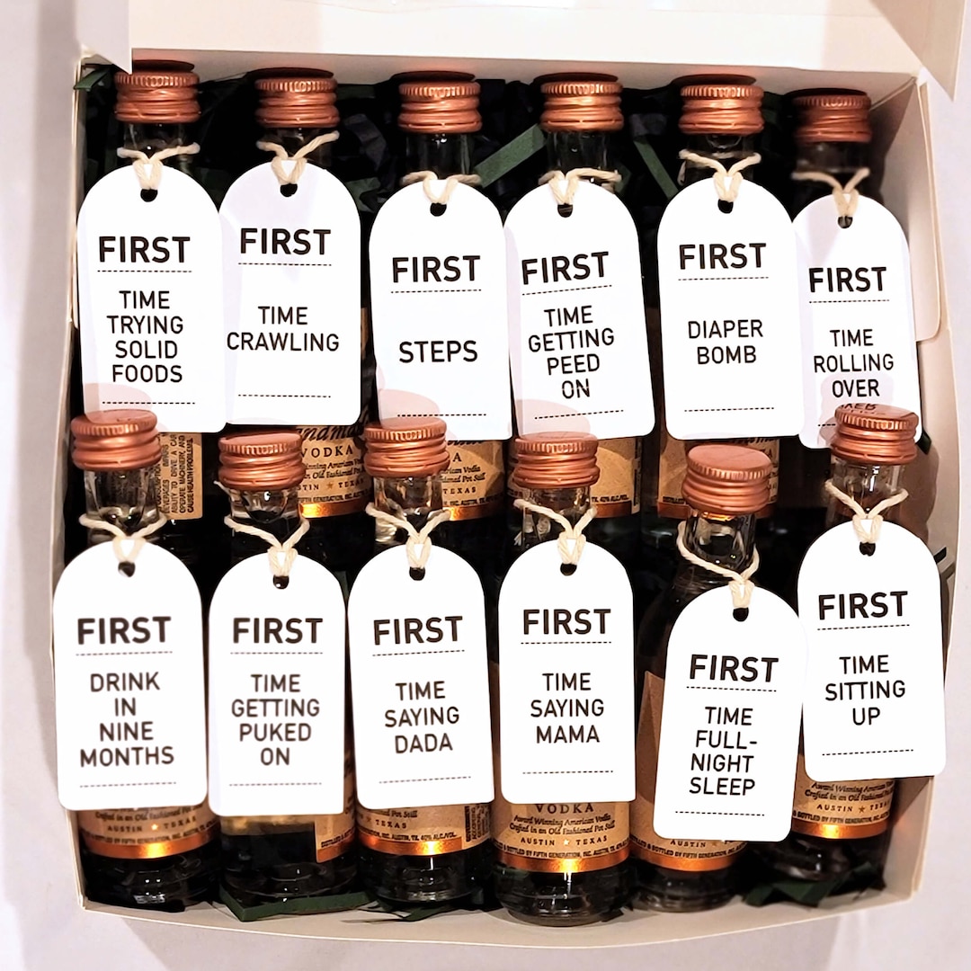 12pc Baby's First Milestones Mini Liquor Bottle Gift Tags - New Parent ...