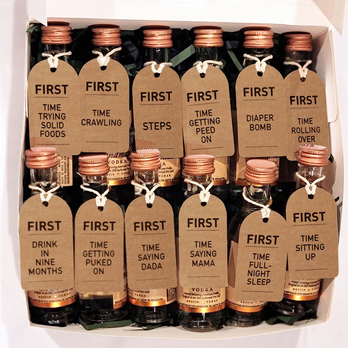 12pc Baby's First Milestones Mini Liquor Bottle Kraft Gift Tags - New ...